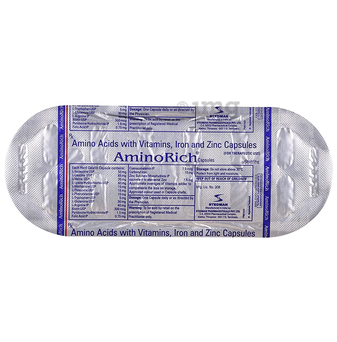 Aminorich Capsule: Buy strip of 15 capsules at best price in India | 1mg