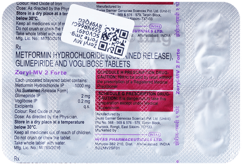 Buy Zoryl MV Forte 2mg/1000mg/0.2mg Tablet Online: View Uses, Side ...
