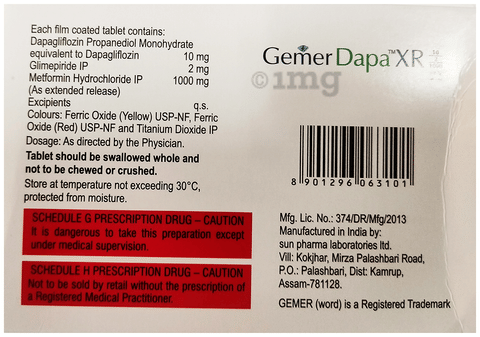 Buy Gemer Dapa XR Tablet 10/2/1000 Online: View Uses, Side Effects ...