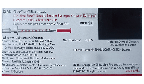 BD Glide with TBL Ultra-Fine Needle Insulin Syringes U40 31G 6mm ...