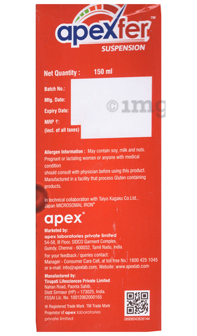 Apexfer Oral Suspension Gluten Free: Buy bottle of 150.0 ml Oral ...