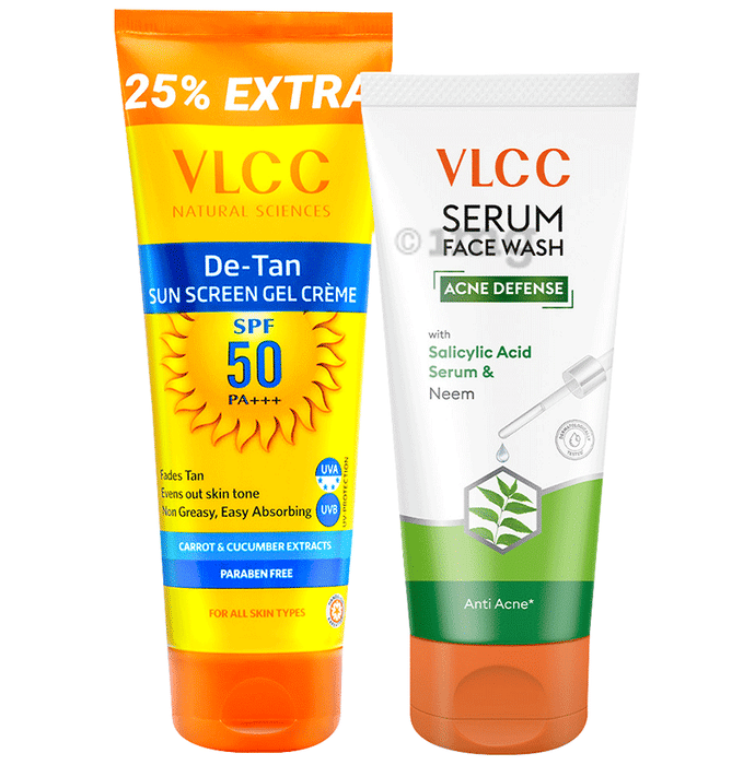 Combo Pack of VLCC De Tan Sunscreen Gel Crème-SPF 50 PA+++ (125gm) & Acne Defense Serum Facewash ...