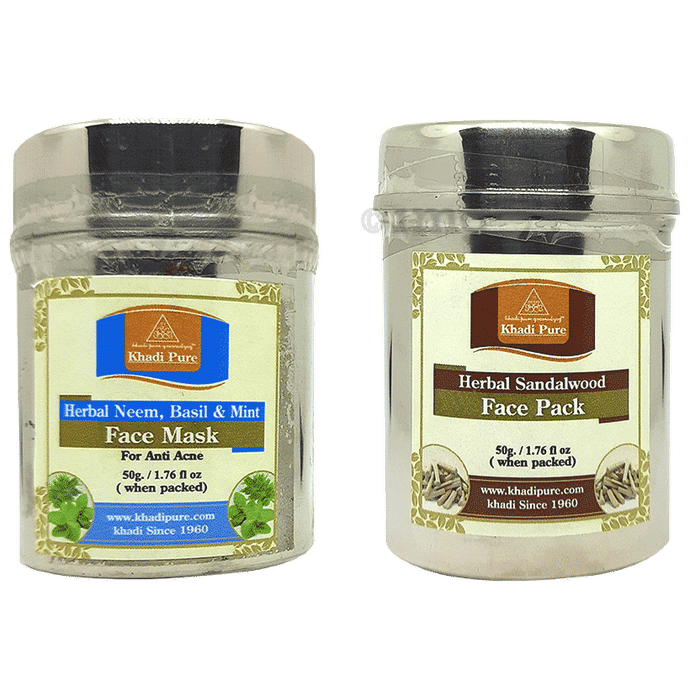 Khadi Pure Combo Pack of Herbal Neem, Basil & Mint Face Mask & Herbal Sandalwood Face Pack (50gm ...