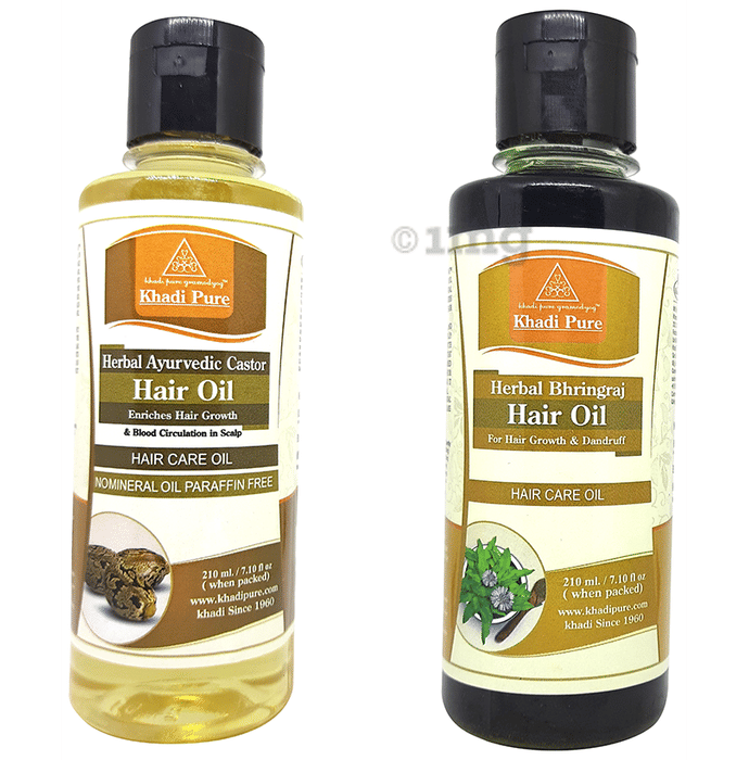 Khadi Pure Combo Pack of Herbal Bhringraj Hair Oil & Herbal Ayurvedic Castor Hair Oil (210ml ...