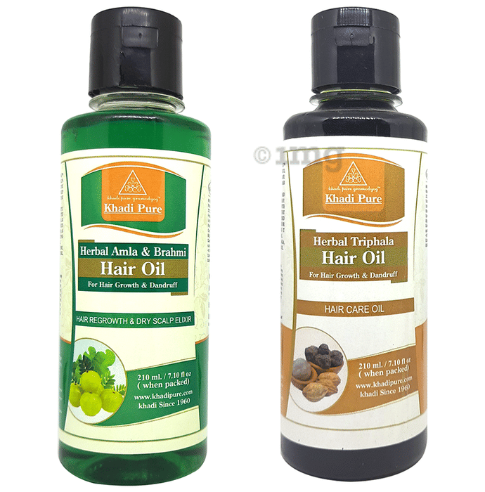 Khadi Pure Combo Pack of Herbal Amla & Brahmi Hair Oil & Herbal Triphala Hair Oil (210ml Each ...