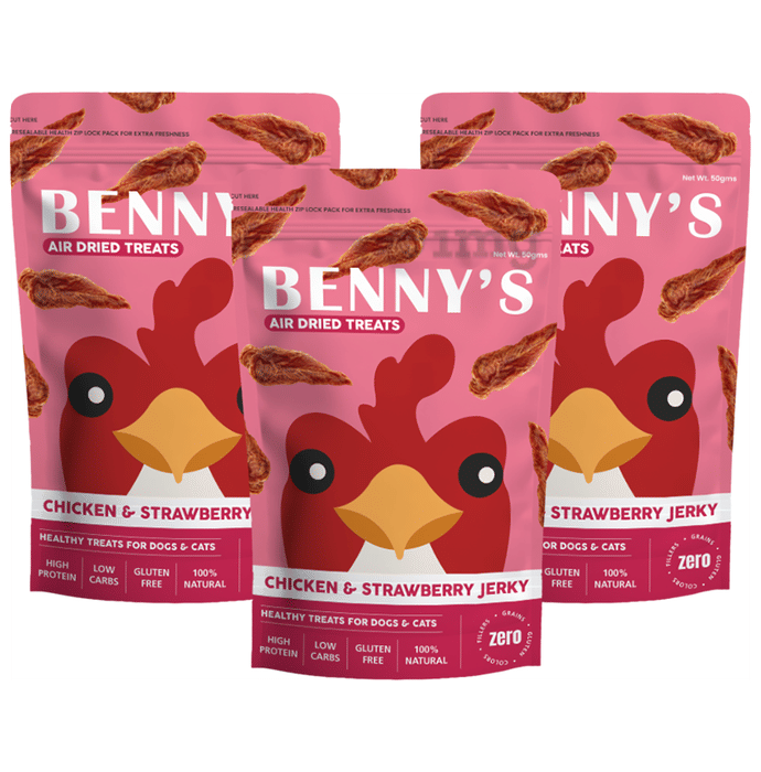 Benny's Chicken & Strawberry Jerky Air Dried Treats for Dogs & Cats (50gm Each): Buy combo pack ...