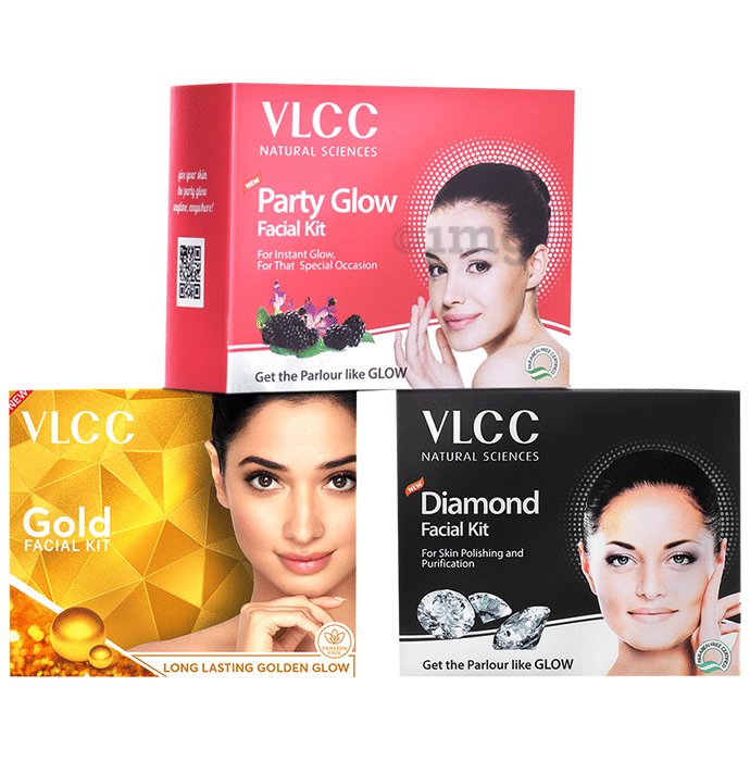 VLCC Combo Pack of Gold & Diamond & Party Glow Facial Kit (60gm Each ...