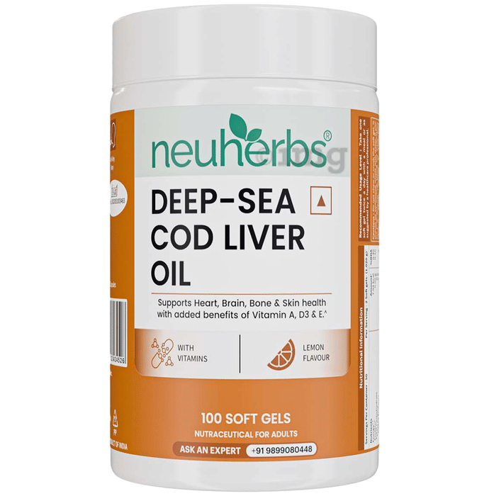Neuherbs Deep Sea Cod Liver Oil Soft Gels with Vitamin A, D3 & E Lemon ...