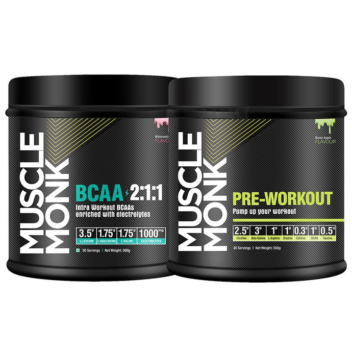 Muscle Monk Combo Pack of BCAA 2:1:1 Watermelon & Pre-Workout Green ...