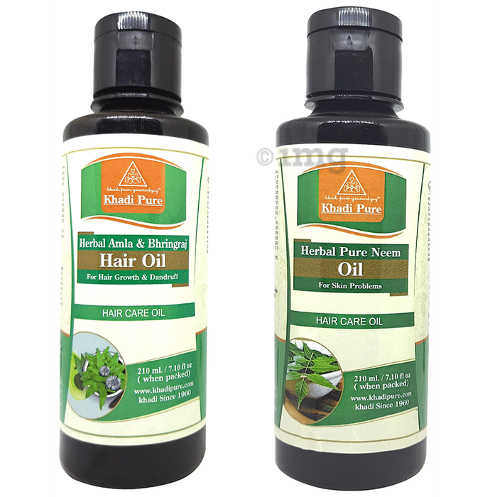 Khadi Pure Combo Pack of Herbal Pure Neem Oil & Herbal Amla & Bhringraj Hair Oil (210ml Each ...