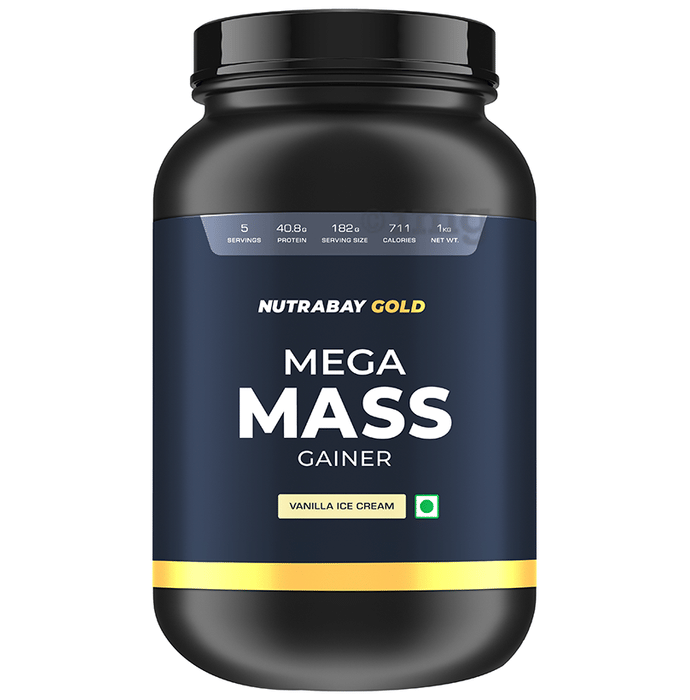 Nutrabay Gold Mega Mass Gainer Powder Vanilla Icecream: Buy jar of 1 kg ...