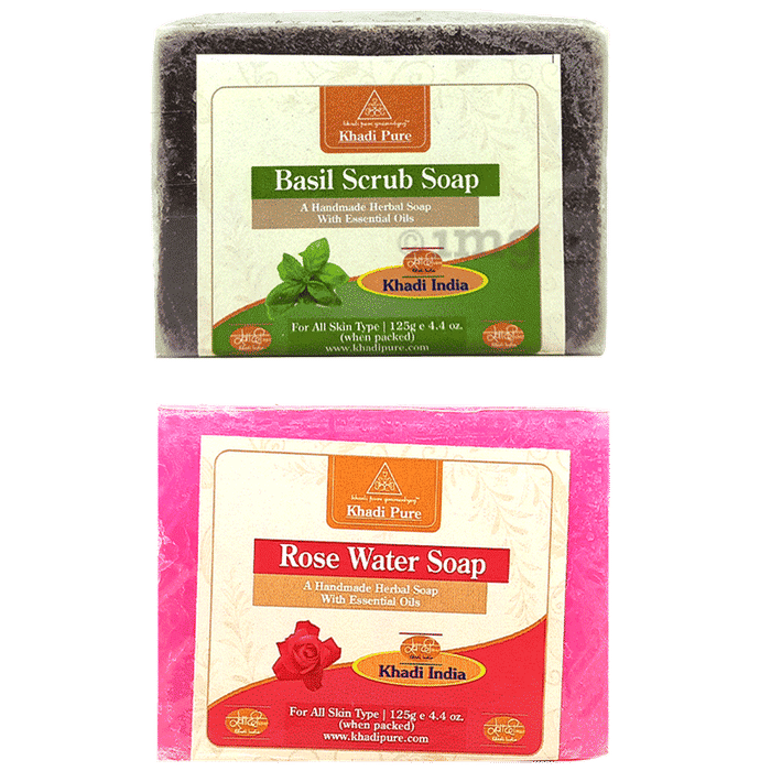 Khadi Pure Combo Pack of Basil Scrub Soap & Rose Water Soap (125gm Each ...