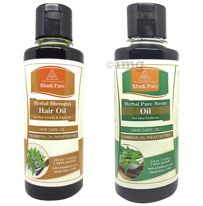 Khadi Pure Combo Pack of Herbal Bhringraj Hair Oil & Herbal Pure Neem Hair Oil Mineral Oil ...