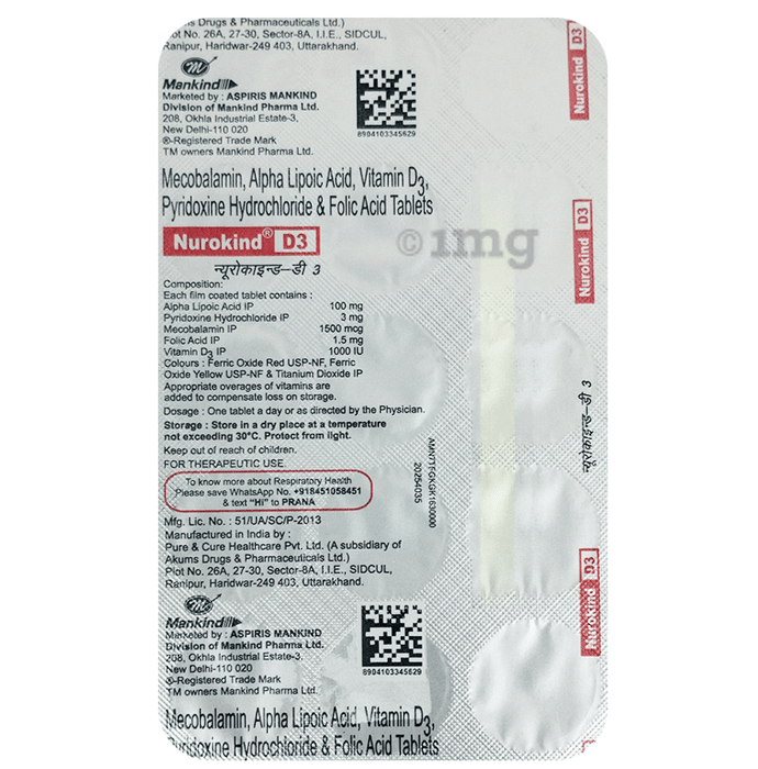 NuROKIND D3 Tablet with Mecobalamin, ALA, Vitamin D3, Pyridoxine ...
